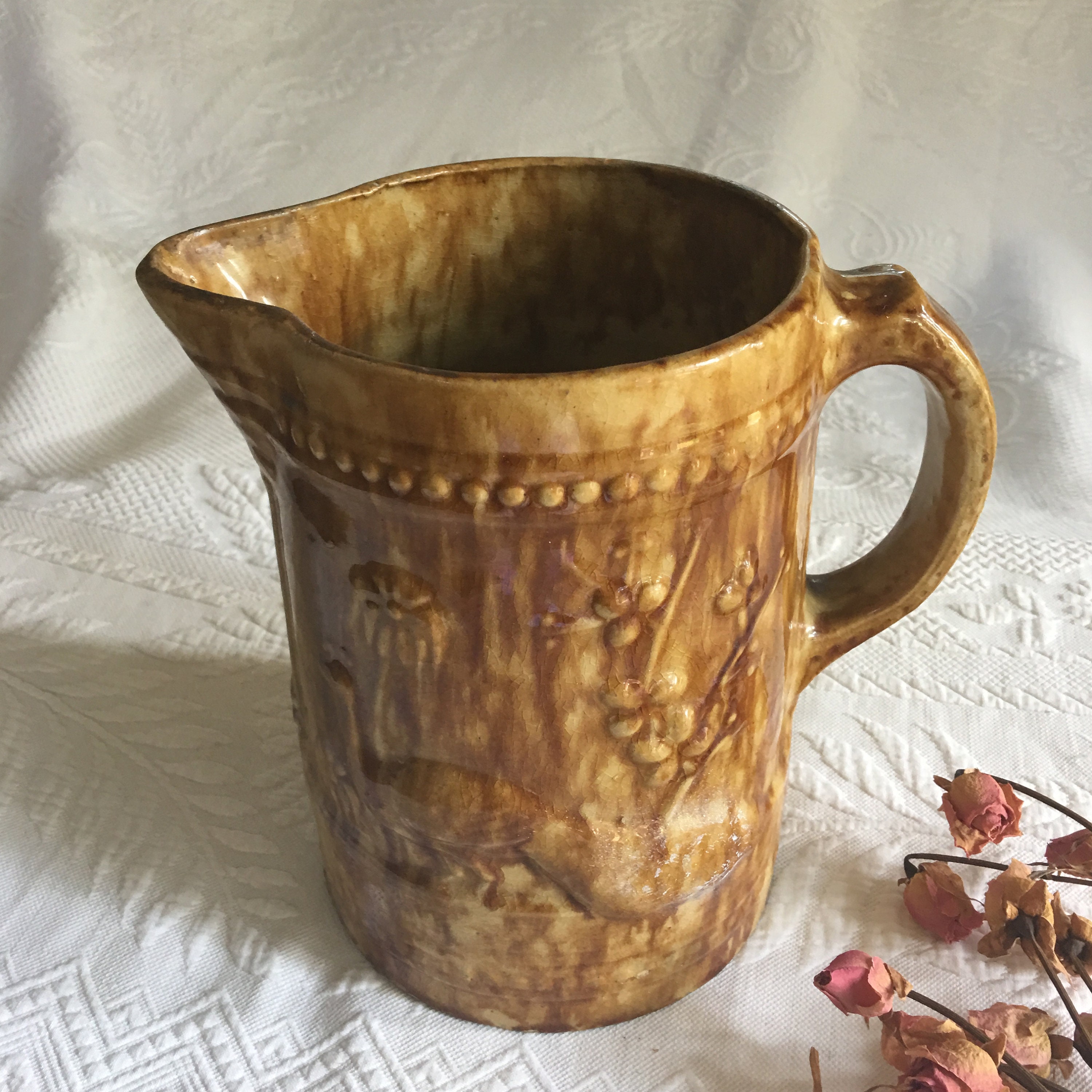 Antique Yellow Ware Pitcher With Peacock, Tree and Floral Designs ...