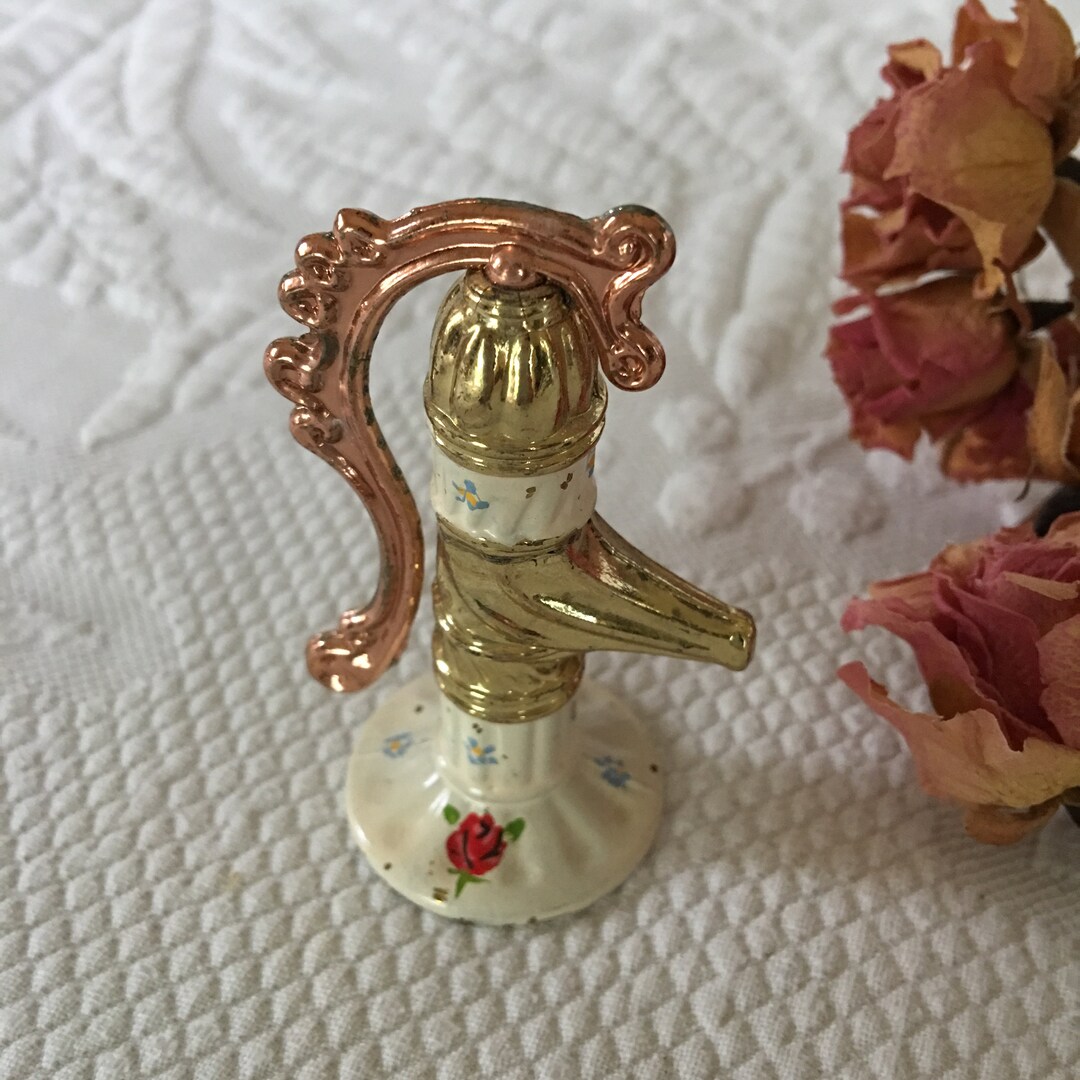 Vintage Mini Fancy Well Pump. Gold Metal Pump, Flowers on Creamy White ...