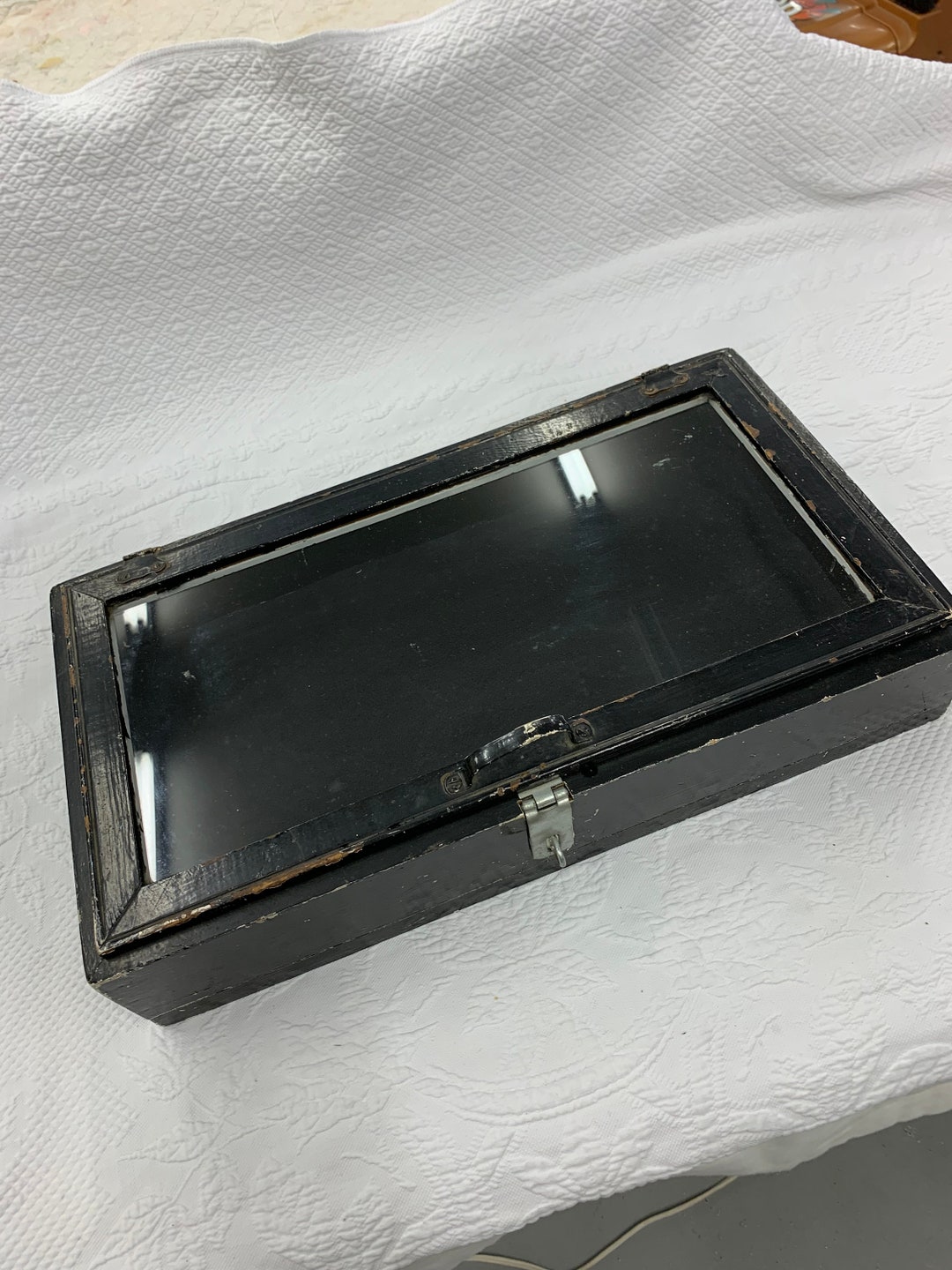Vintage Black Painted Showcase With Hinge for Padlock, Lay Back Glass ...