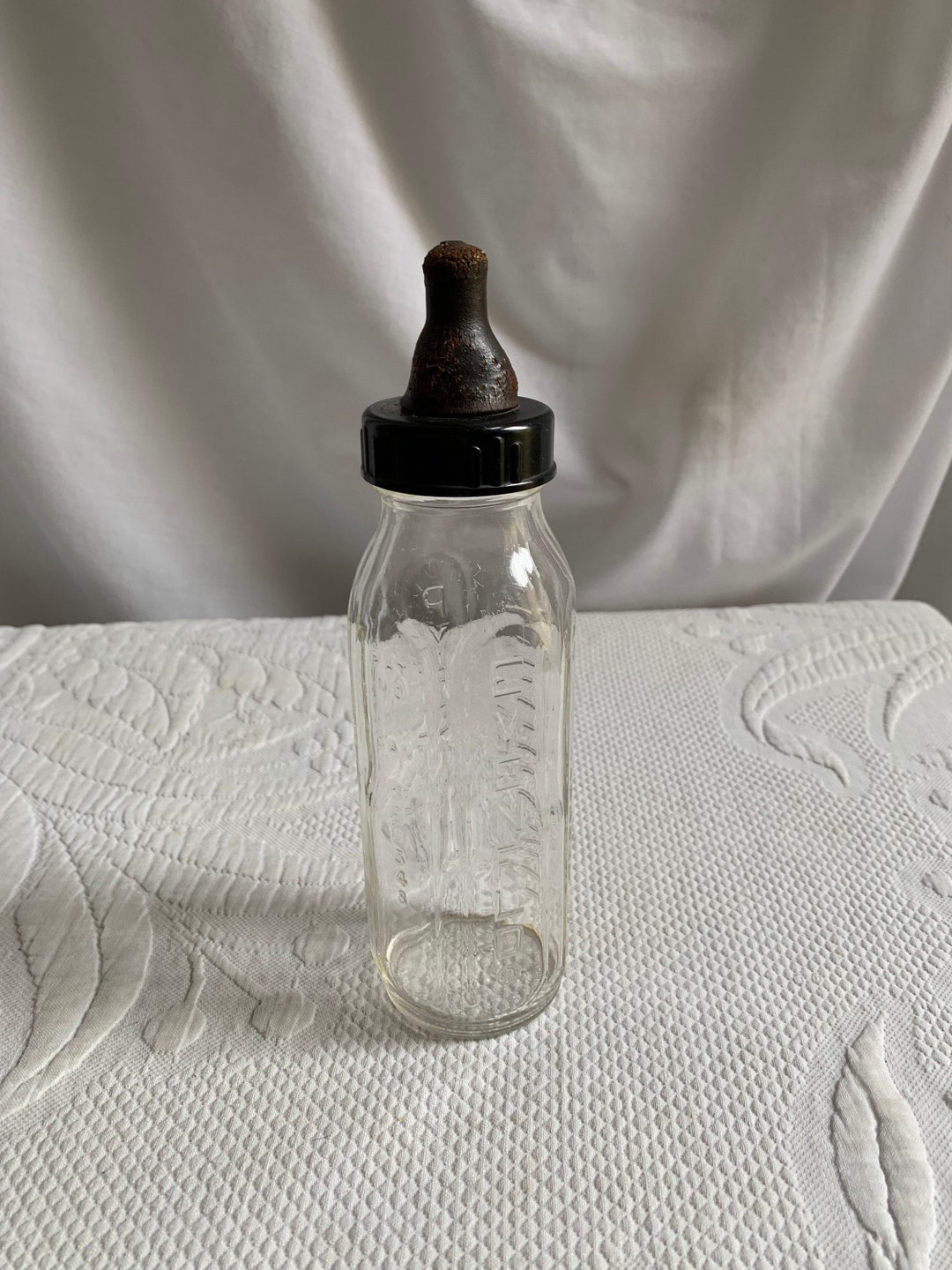 Vintage Pyrex Evenflo Baby Bottle With Black Top and Old Brown Nipple ...