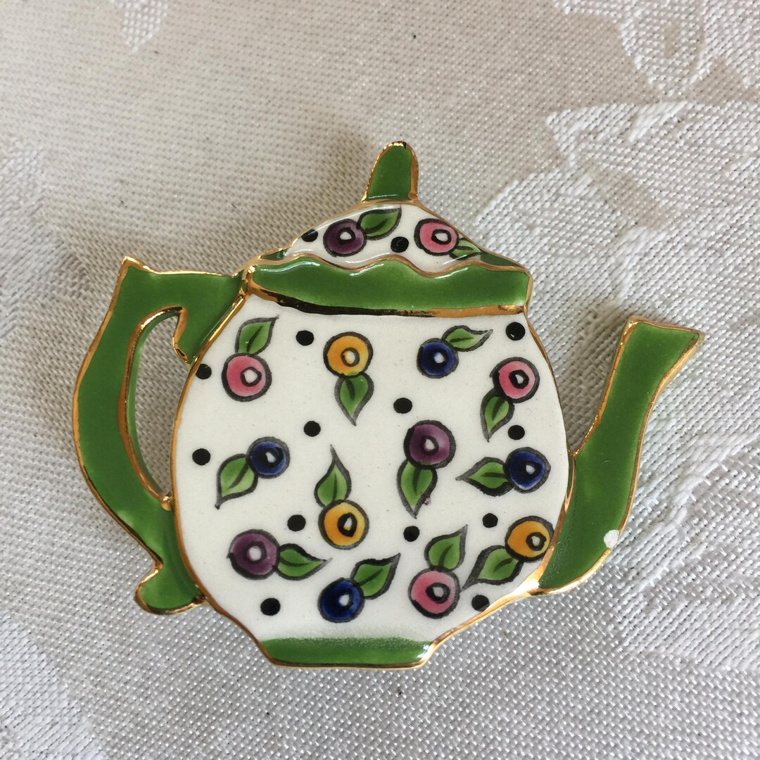 Vintage Enamel Green Floral Teapot Pin Brooch. Hand Made Porcelain and ...