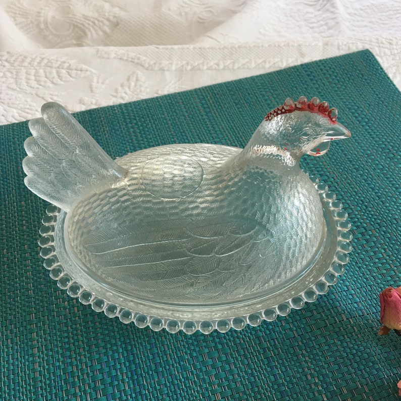 Vintage White or Clear Glass Hen Dish. Large Hen on Nest Bowl With Lid ...