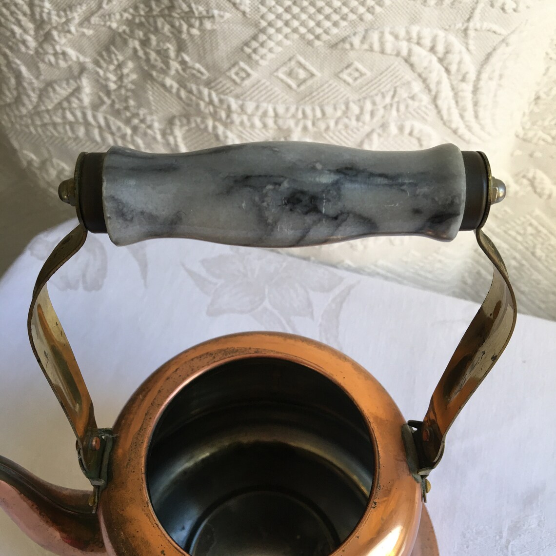Vintage Copper Teapot Marble and Brass Handle, Ceramic Blue and White ...