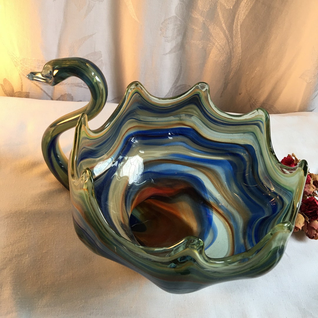 Vintage Hand Blown Glass Swan Bowl in Blue, Yellow, Green and Orange ...