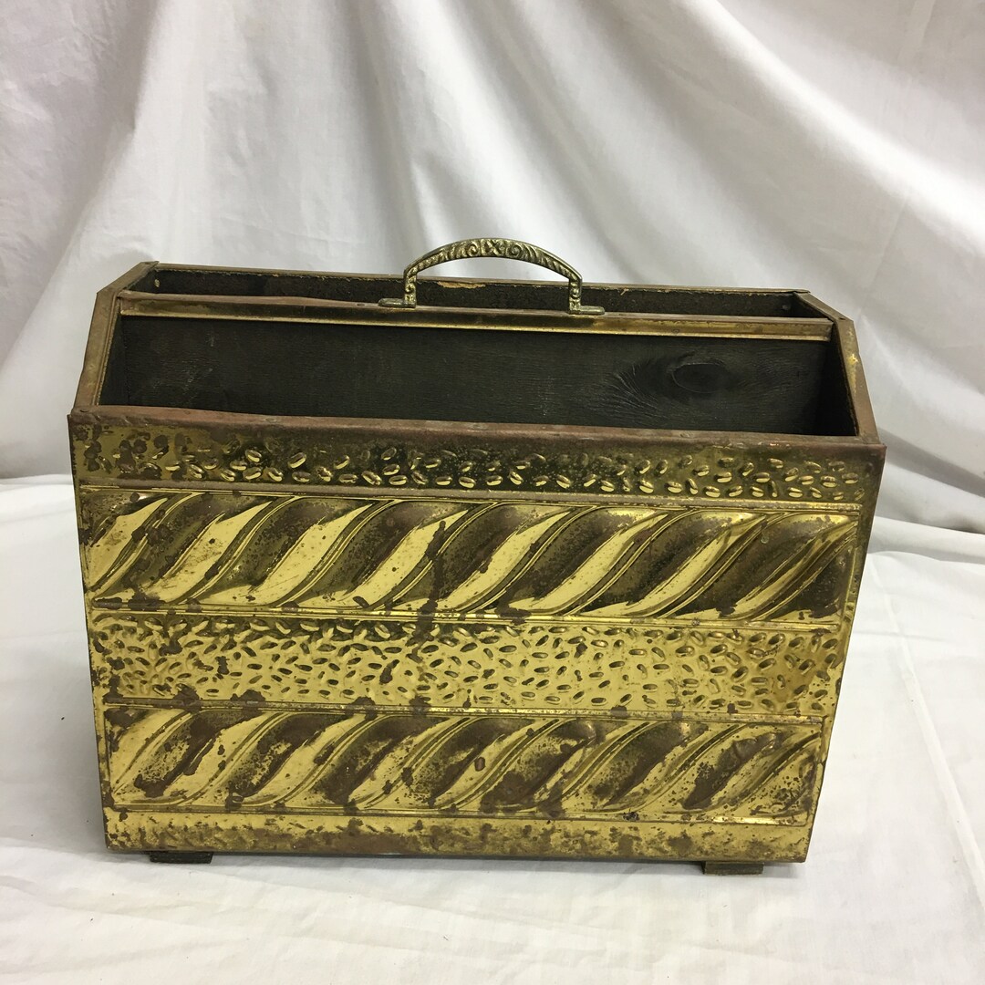 Vintage Magazine Rack Brass Over Wood. Hammered Brass Decorative Gold ...