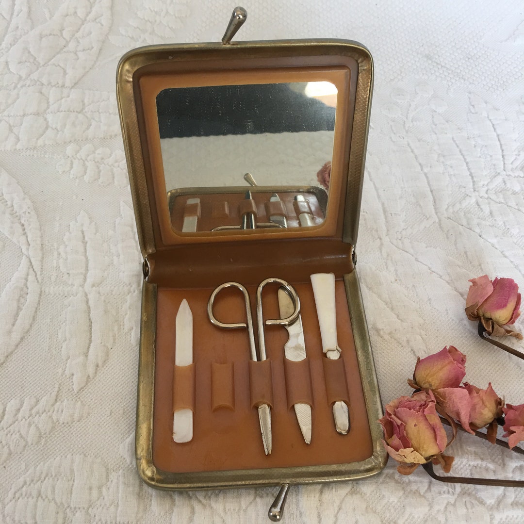 Vintage Manicure Set With Nice Mirror. Gold Metallic Snap Latch Case ...