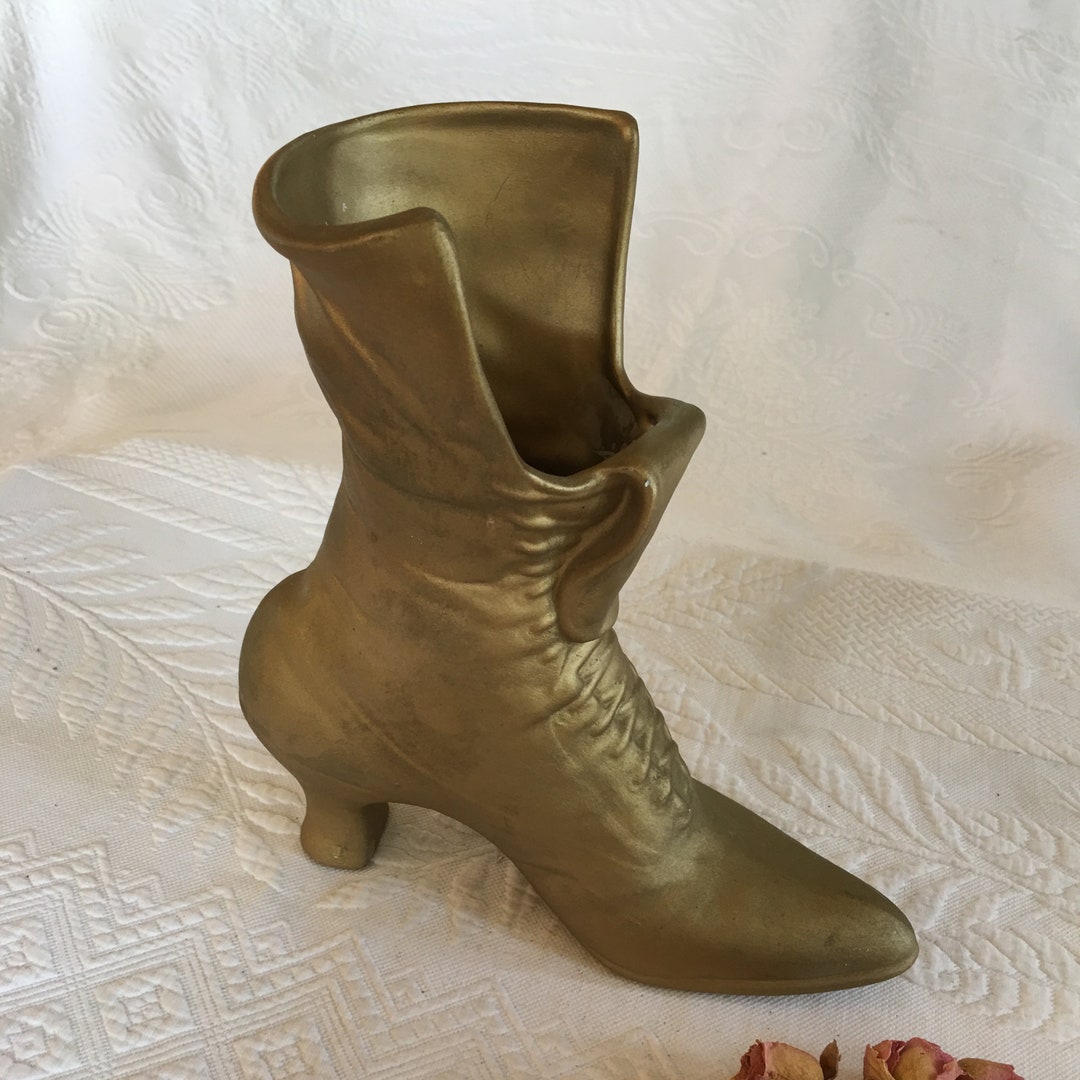 Vintage Ceramic Victorian Boot Shoe in Flat Gold With Ties up Front and ...