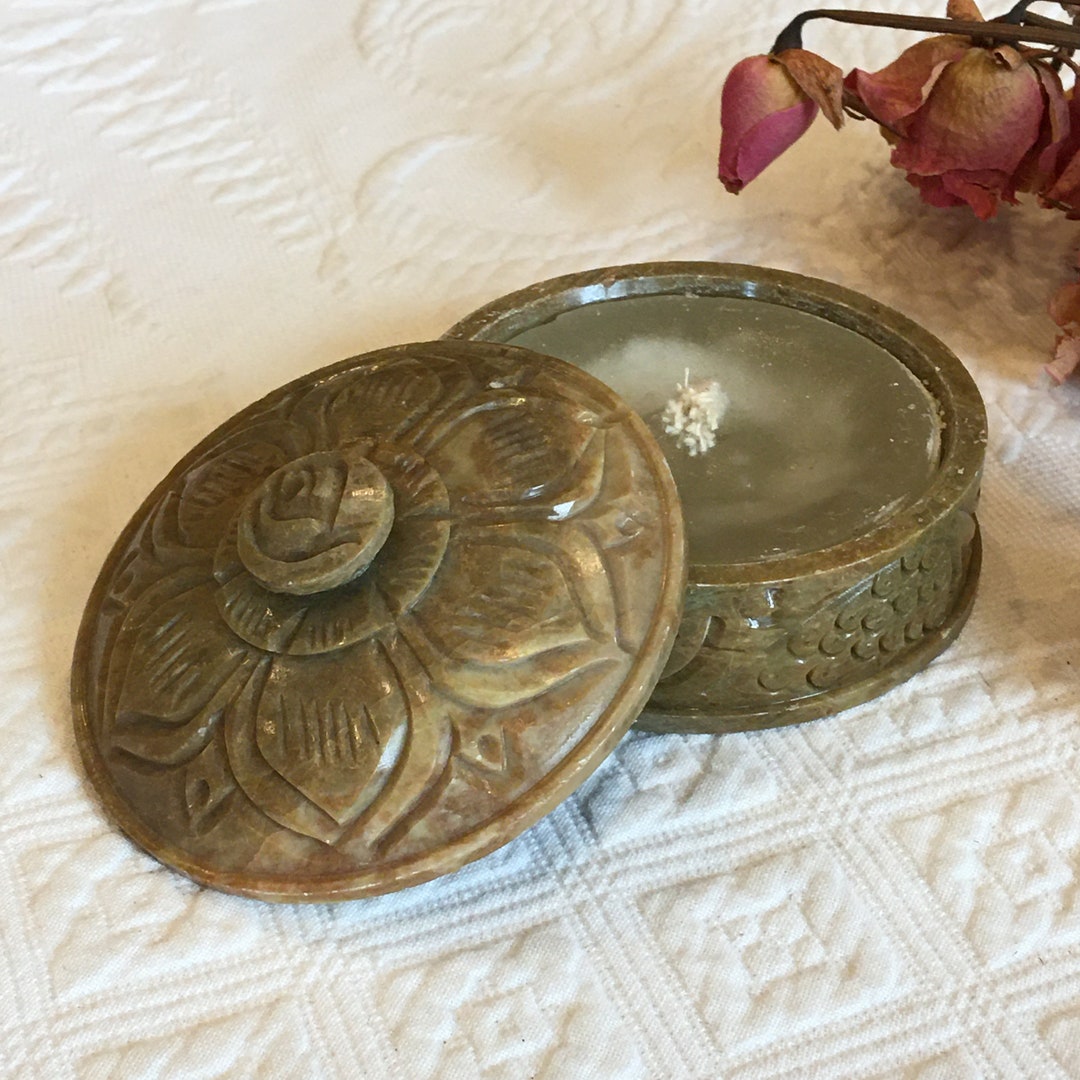 Vintage Alabaster Box With Candle Inside. Carved Rose Designed Round ...