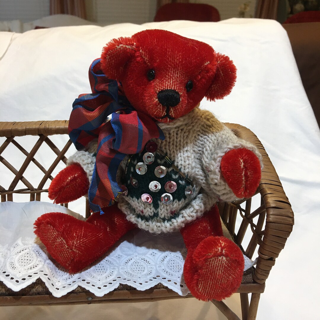 Vintage 8 1/2" Red Short Mohair Teddy Bear. Glass Eyes, Embroidered ...