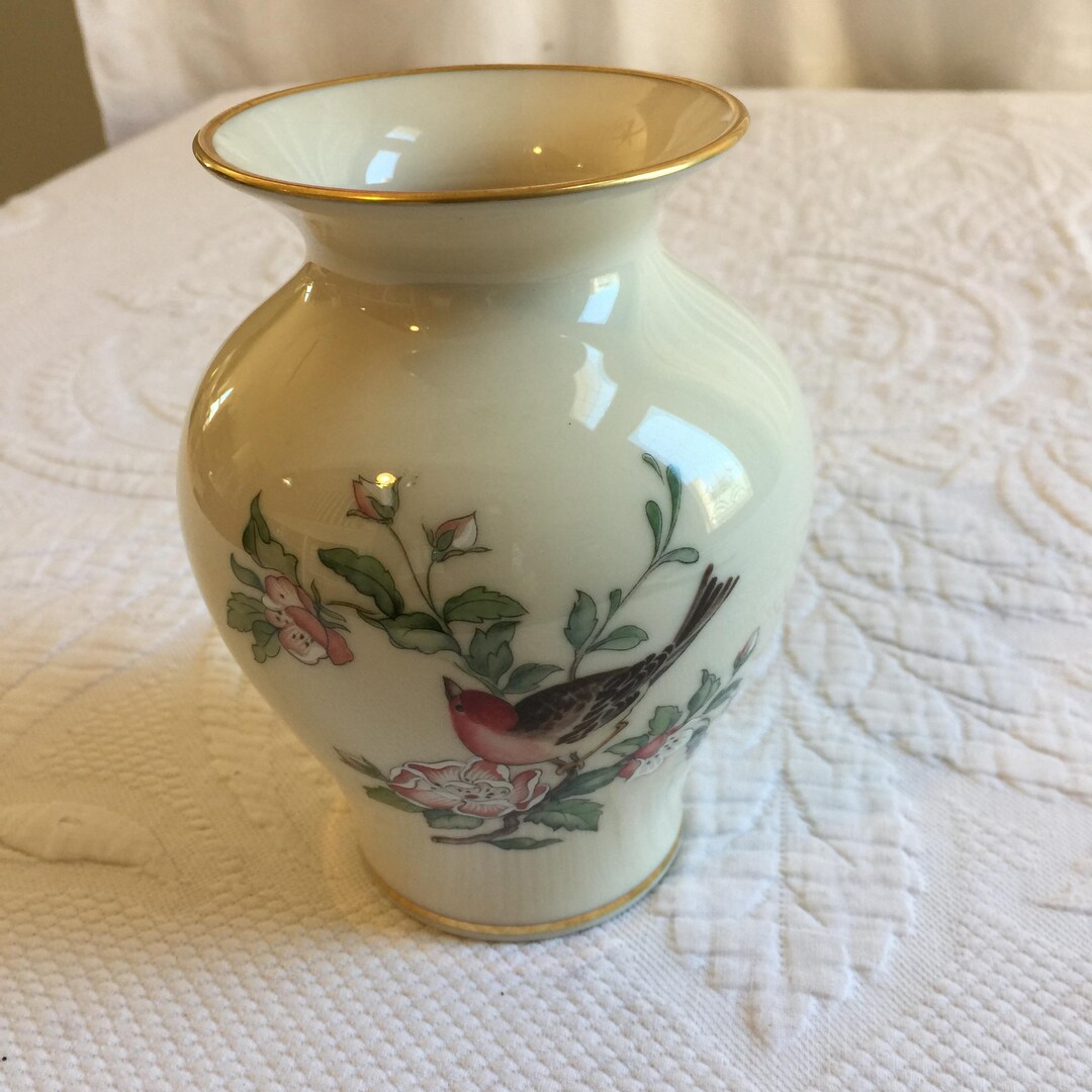 Vintage Lenox Serenade Vase in Medium Size With a Robin and Pink Roses ...