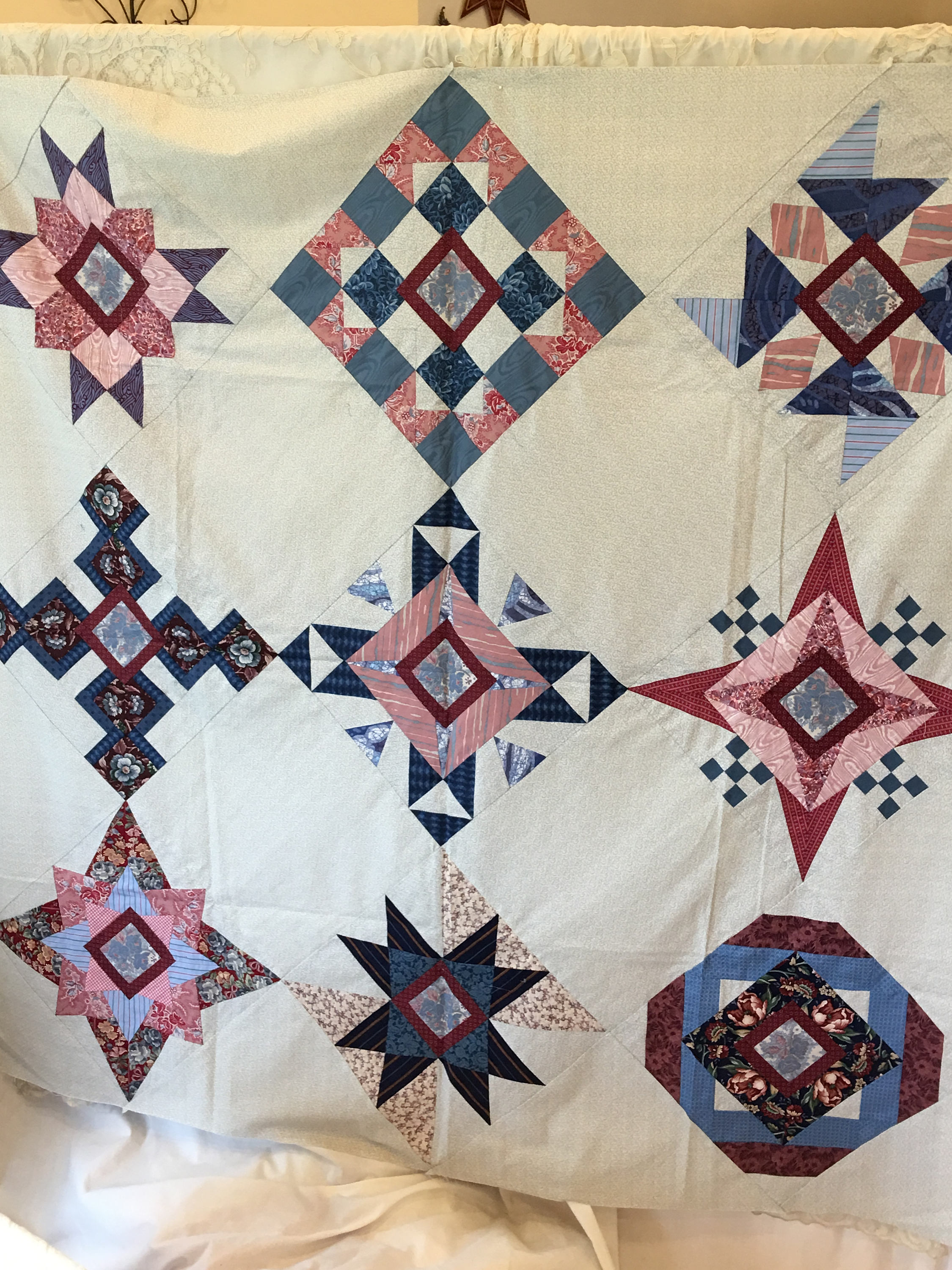 Handmade 9 Beautiful Blue and Pink Quilt Blocks Designed by Linda Pool ...