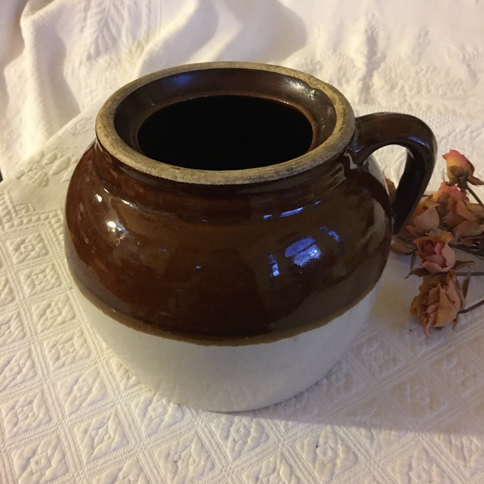 Vintage Bean Pot. Stoneware Brown and Tan Bean Pot With Side - Etsy