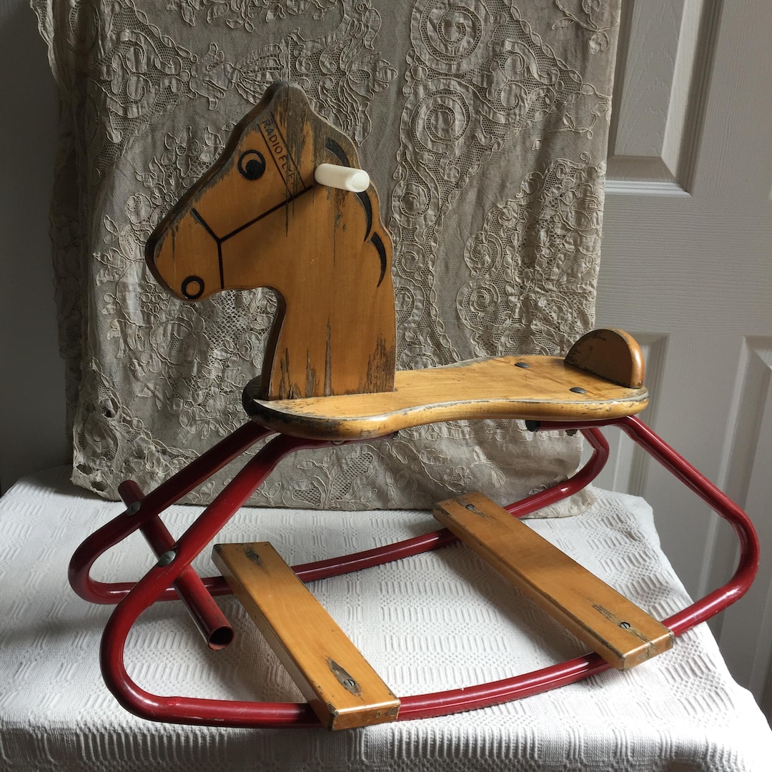 Vintage Radio Flyer Wooden Rocking Horse With Red Metal Rocker and Foot ...