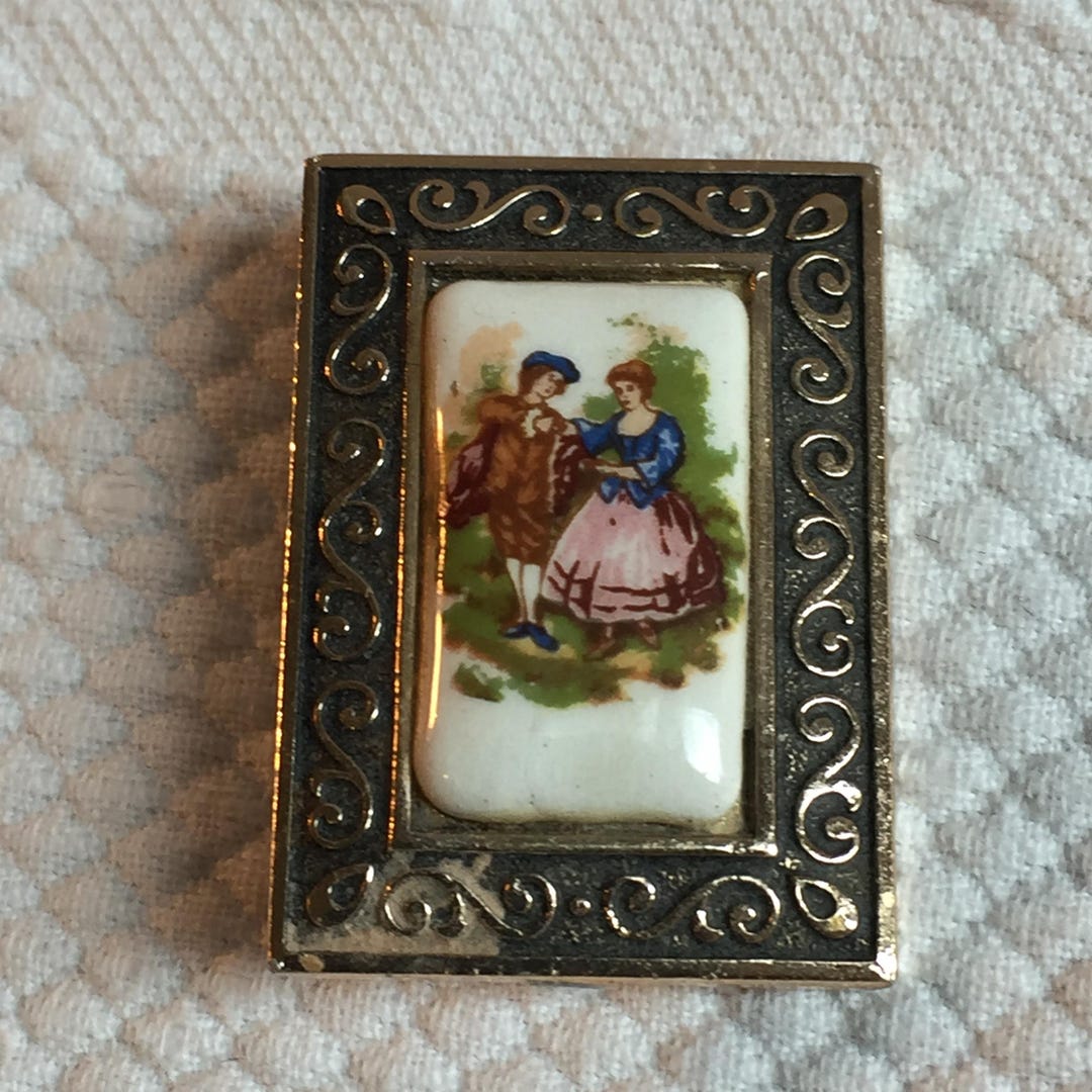 Antique Victorian Porcelain Couple Pin Brooch With Gold Tone and Black ...
