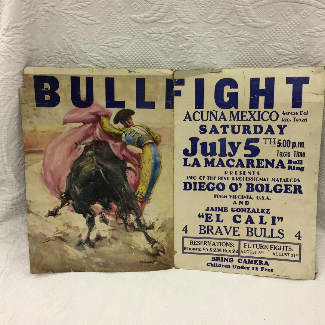 Vintage Bullfight Poster Advertising a Bullfight in Del Rio, Texas ...