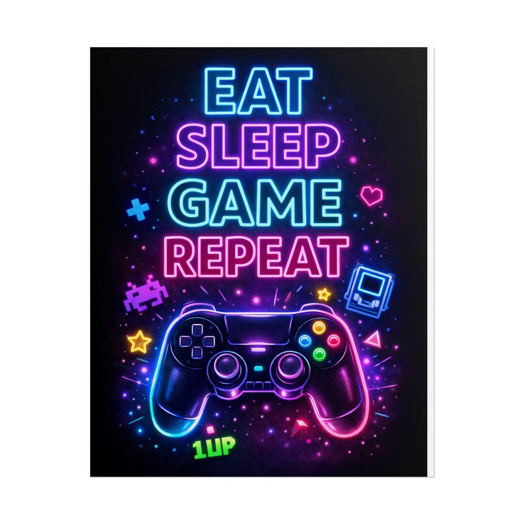 Eat Sleep Game Repeat Poster | Neon Video Game Controller Wall Art - Etsy