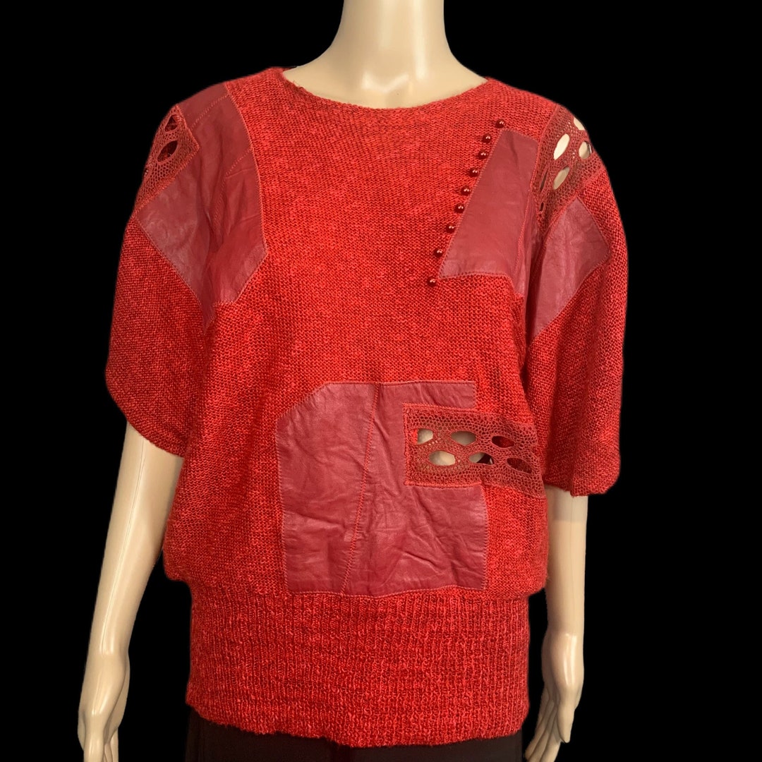 Crochetta Knit 1980's Vintage Maroon Red Leather Beaded Crochet Top ...
