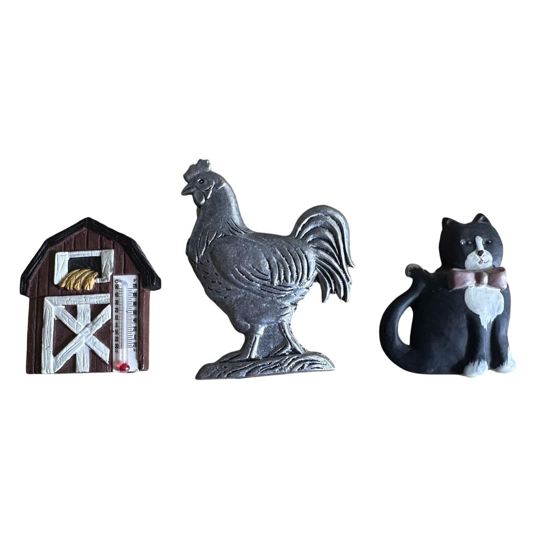 Vtg Refrigerator Magnets Barn With Thermometer Pewter Rooster & Kitty ...