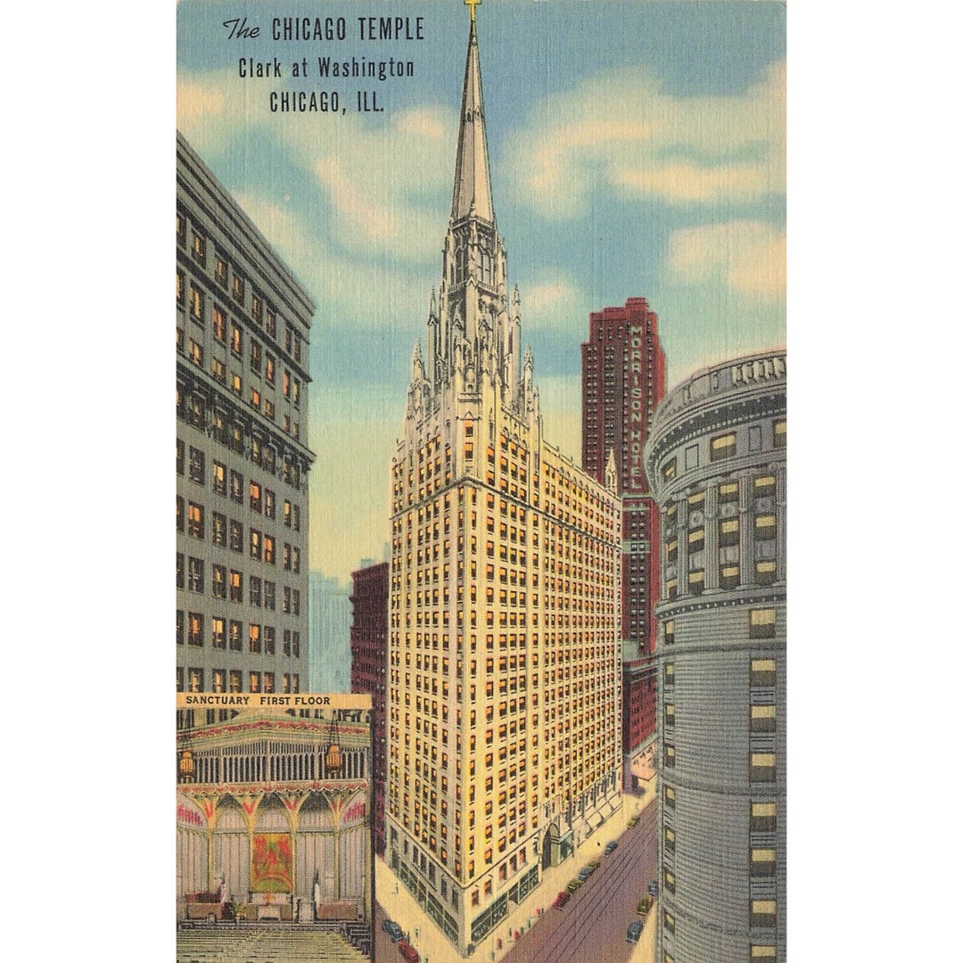 Postcard the Chicago Temple, Clark at Washington, Chicago, Ill. Linen ...
