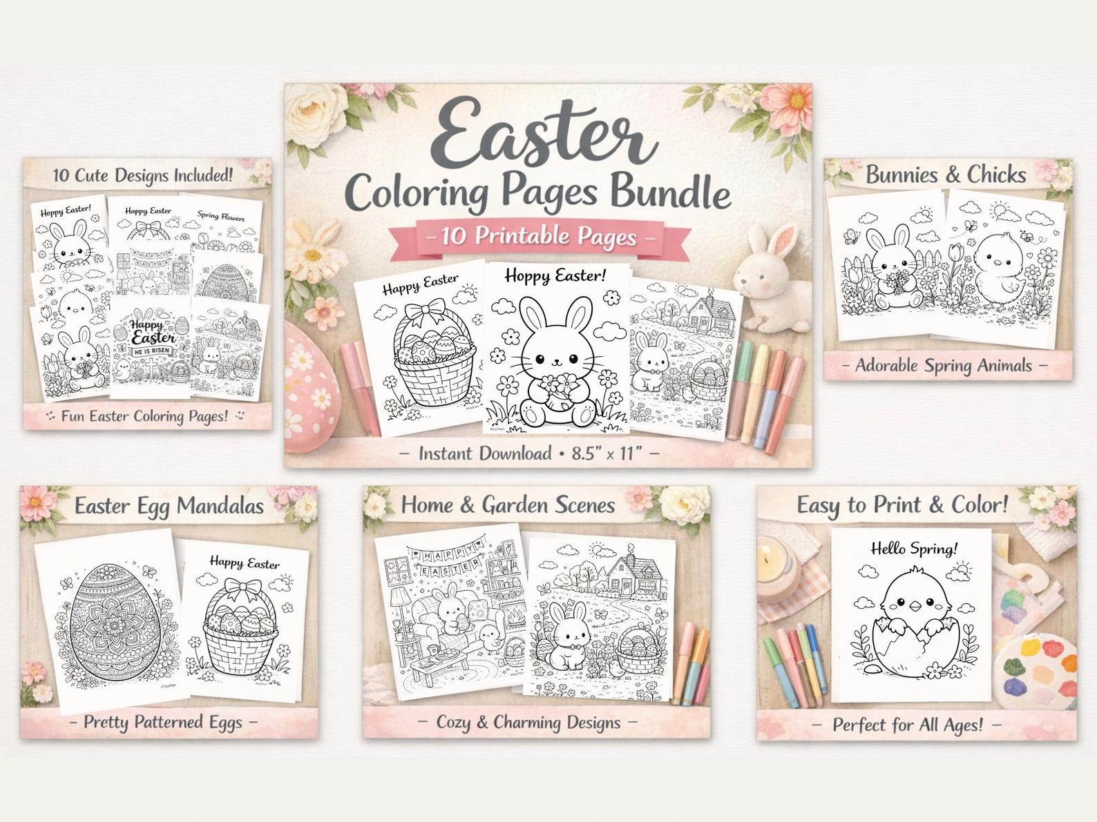 Easter Coloring Pages Bundle | Bunnies, Chicks, Eggs (digital Download ...