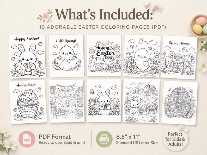 Easter Coloring Pages Bundle | Bunnies, Chicks, Eggs (digital Download ...