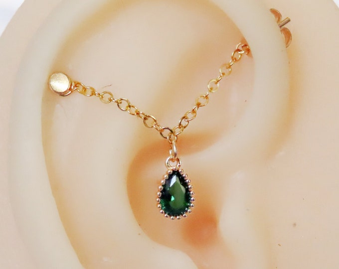 Industrial Piercing Chain in Gold Filled With Emerald CZ Stone, Helix ...