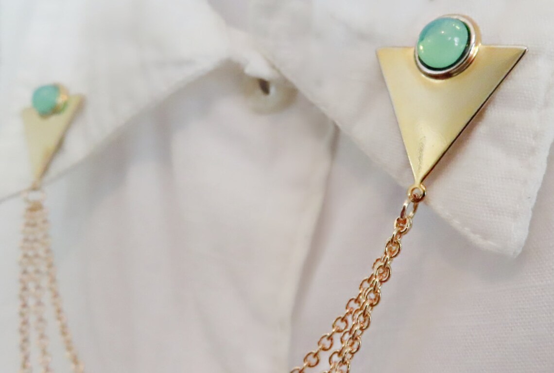 Triangle Collar Pins With Green Opal, Gold Lapel Pins, Sweater Pins ...