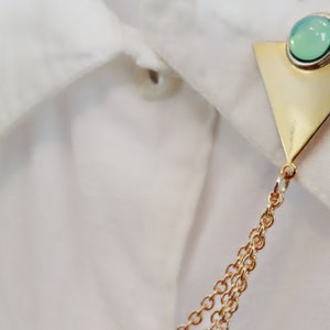 Triangle Collar Pins With Green Opal, Gold Lapel Pins, Sweater Pins ...