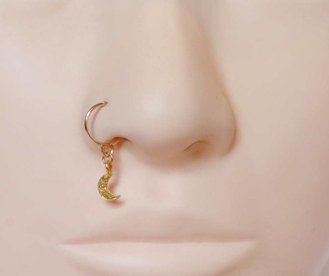 Moon Nose Ring in Gold Filled With Dangling Charm: Dainty Seamless Nose ...