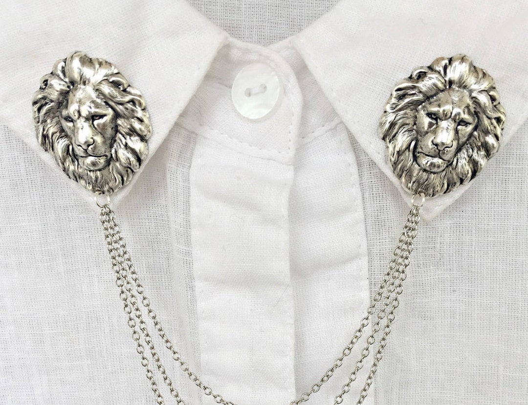 Lion Collar Pins Silver, Collar Chain, Collar Brooch, Lapel Pin, Lion ...