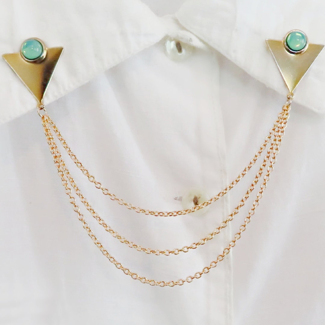 Triangle Collar Pins With Green Opal, Gold Lapel Pins, Sweater Pins ...