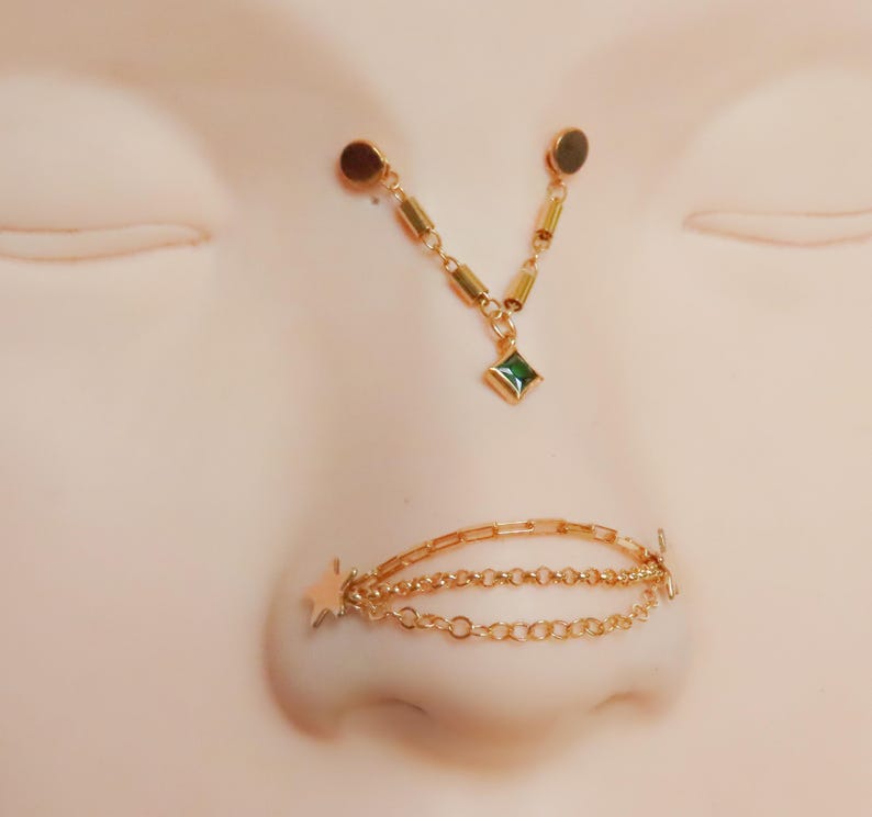 Gold Filled Bridge Chain With Emerald Green Stone: Bridge Piercing ...