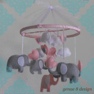 Pink Felt Elephant Mobile- Pink, Grey, White Felt Elephant Baby Mobile ...