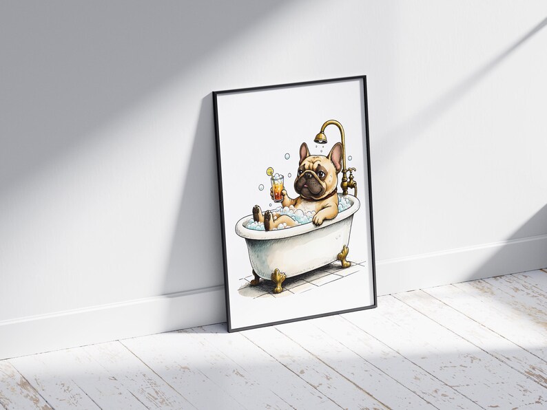 Bulldog Bath Print | Whimsical Dog Bathroom Wall Art, Retro Animal ...