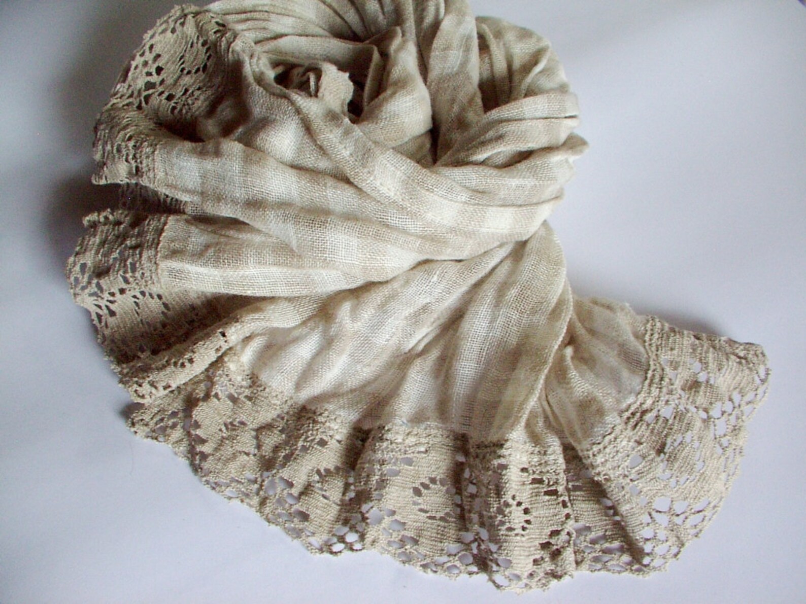 Pure Linen Scarf,plaid Sheer Gauze Scarf,scarf With Linen Lace on the ...