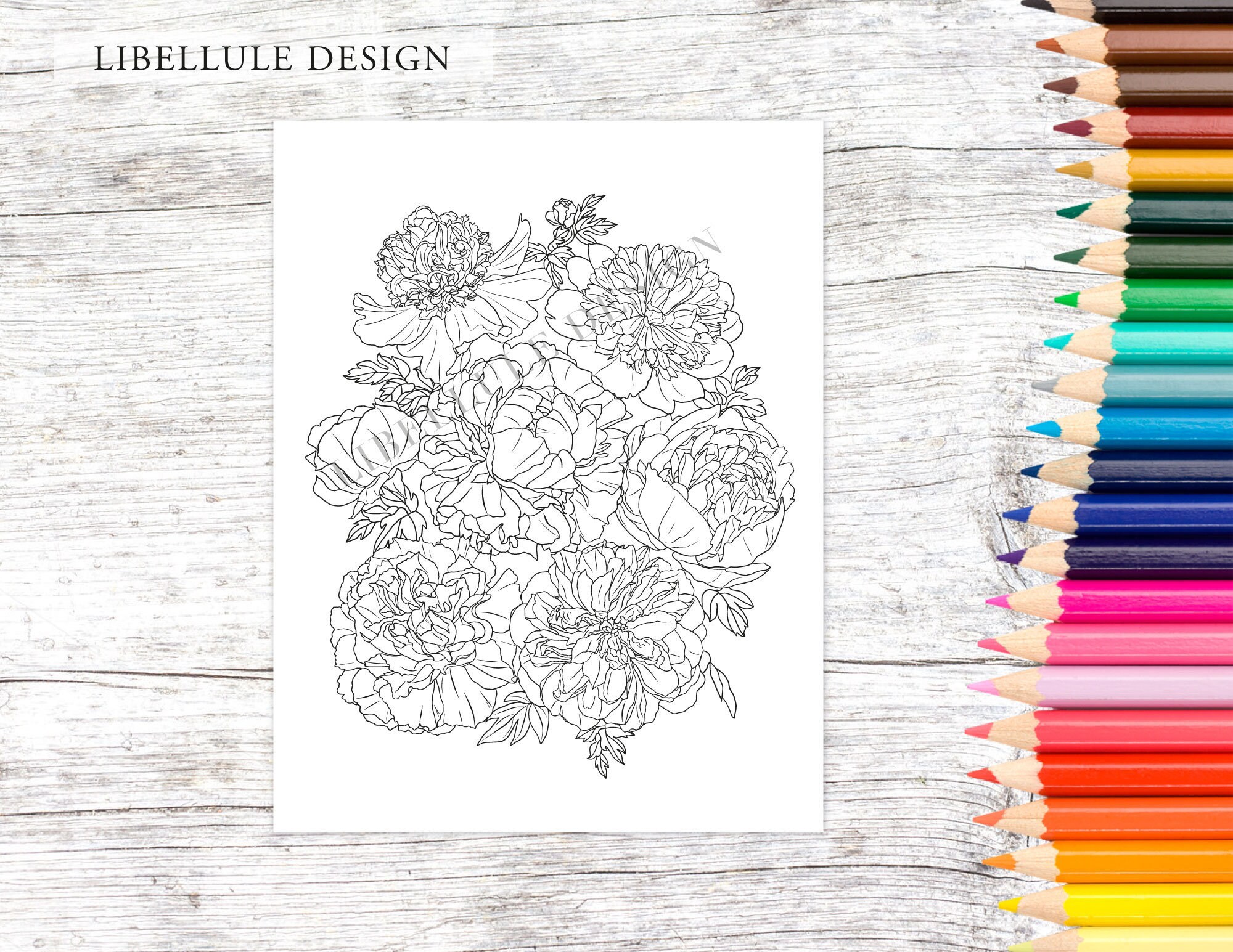 Flower Coloring Page Peonies Bouquet Adult Printable Coloring | Etsy