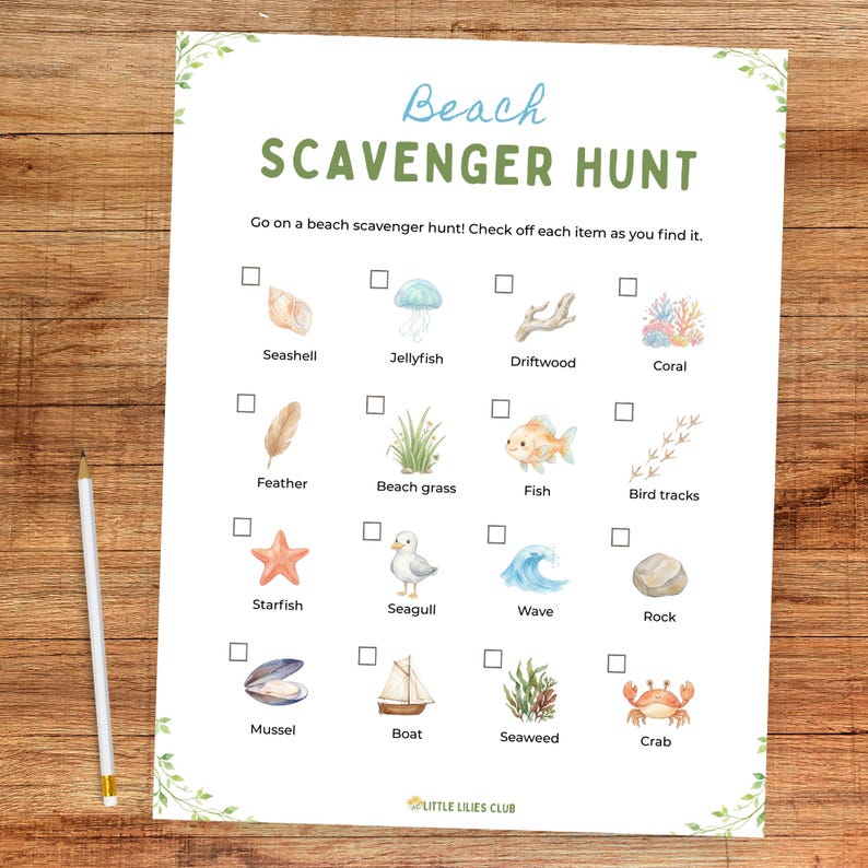 Beach Scavenger Hunt for Kids, Fun Treasure Hunting Printable Activity ...