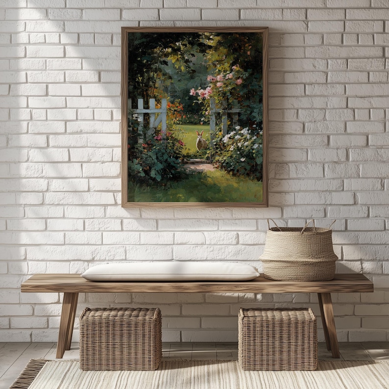 Cottagecore Rabbit Printable Art - Bunny at Garden Gate, Summer Floral ...
