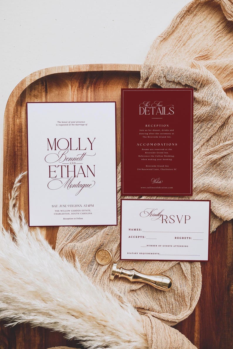 Burgundy Wedding Invitation Suite, Old Money Aesthetic Invite Set ...