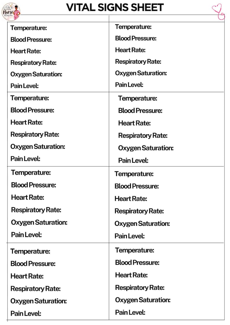 Vital Signs Sheet | Nurse Patient Monitoring Log (digital Download) - Etsy