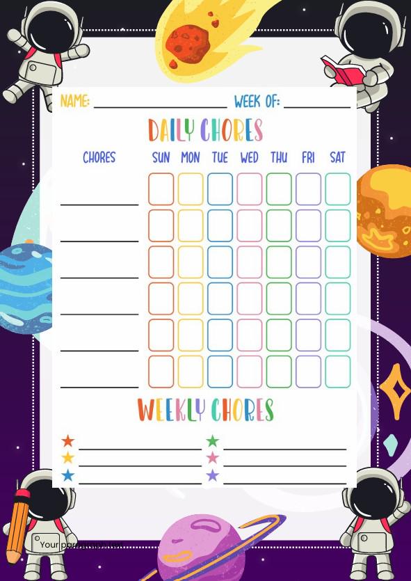 Space Theme Kids Chore Chart, Weekly Responsibility Tracker (PDF ...