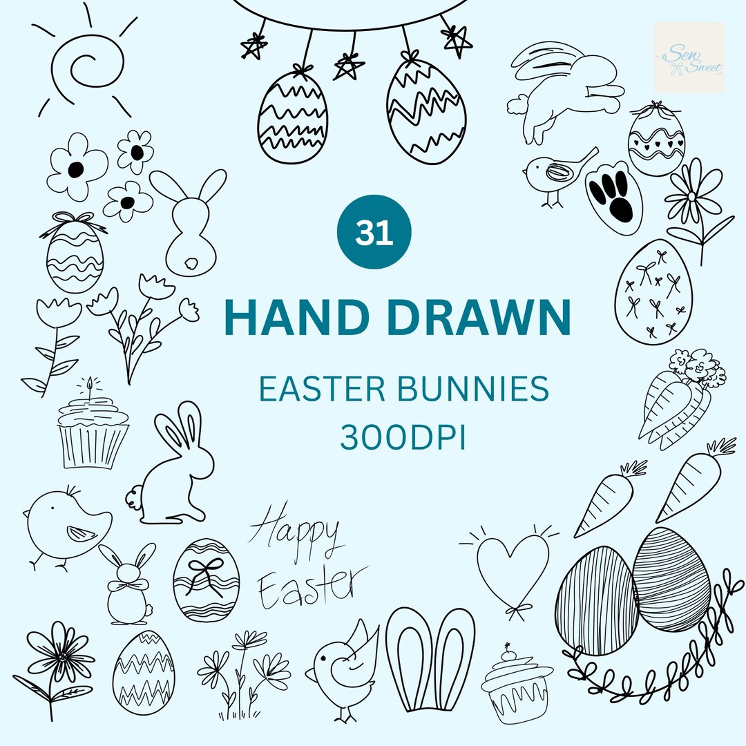 Easter Clipart Bundle Hand Drawn Bunny Flowers Eggs (31 PNG + SVG Files ...