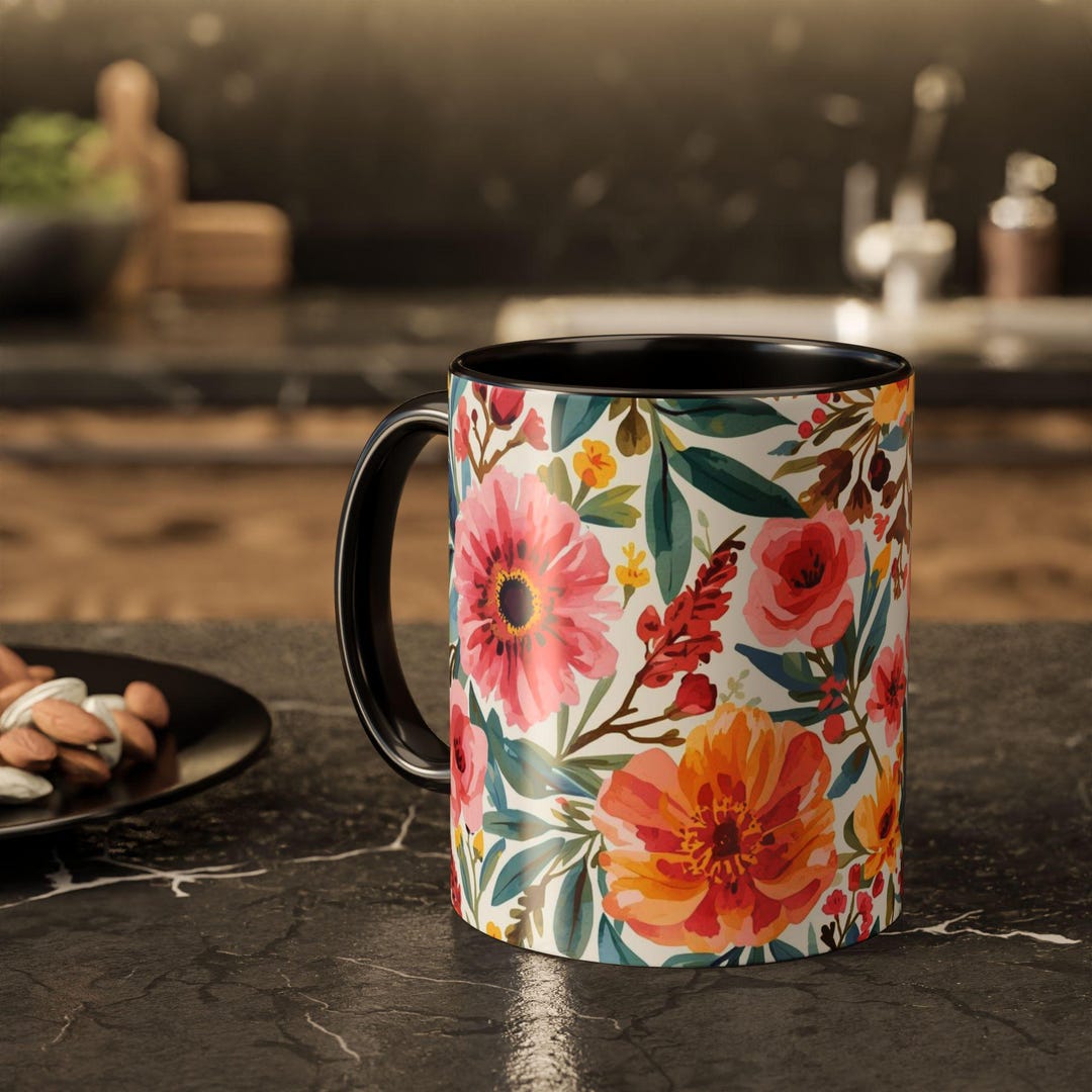 Watercolor Floral Pattern Mug | Colorful Flower Coffee Cup - Etsy