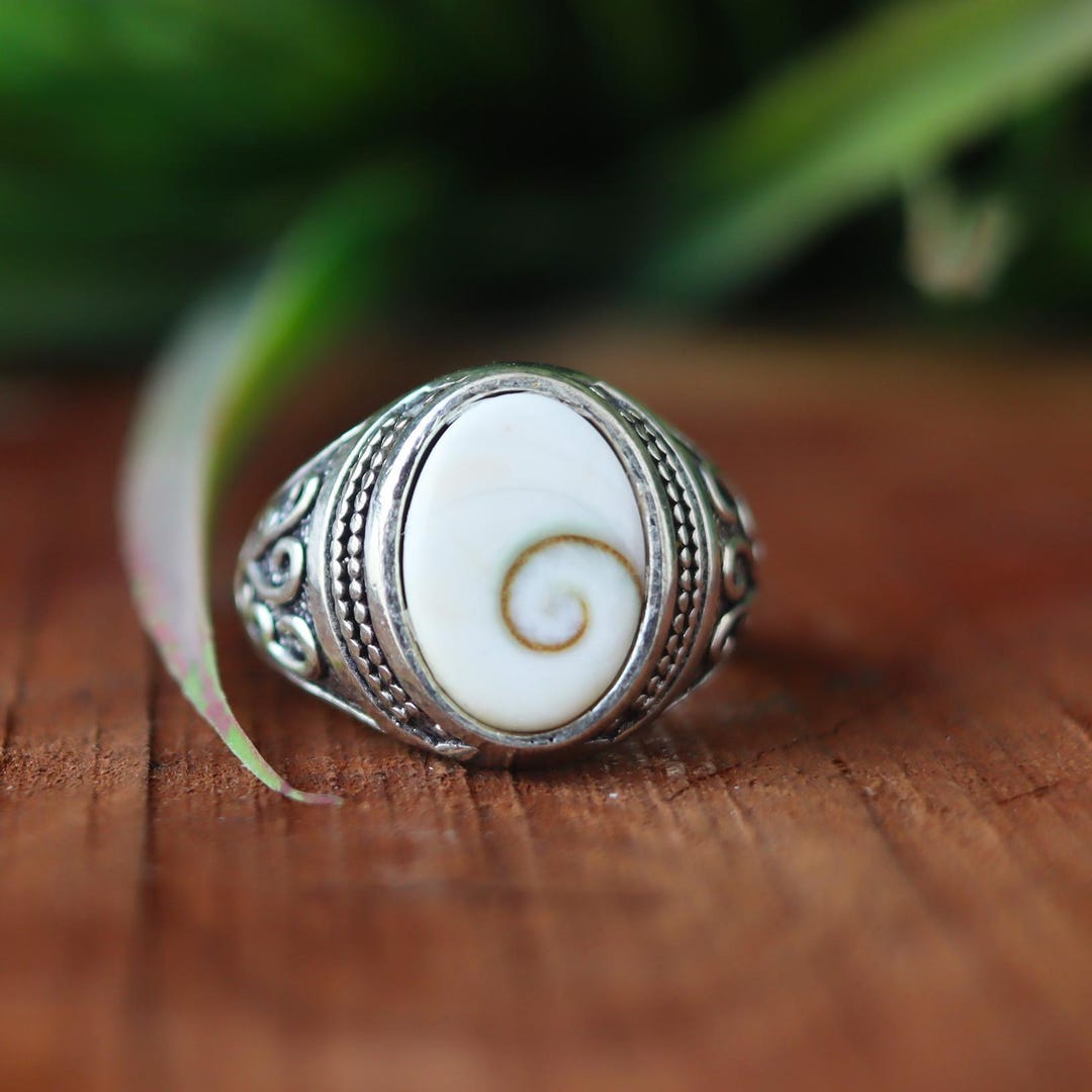 Shiva Shell Ring: Oval Cut Gemstone, Sterling Silver Statement Ring ...