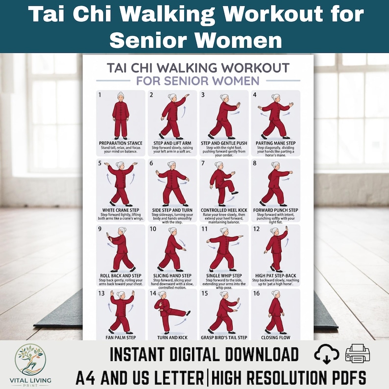 Tai Chi Walking Workout for Senior Women, Low Impact Exercise Printable ...