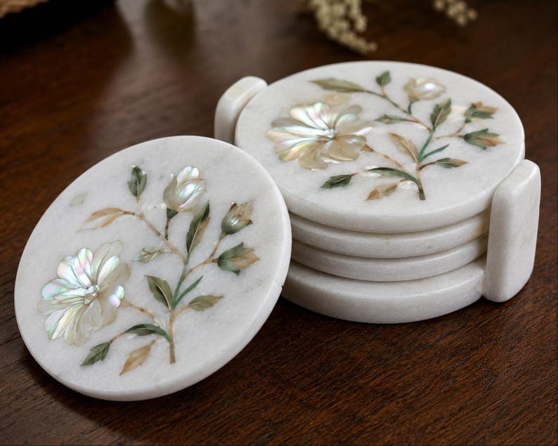 Mother of Pearl Floral Coaster Set – Marble Stone Inlay Drink Coasters ...