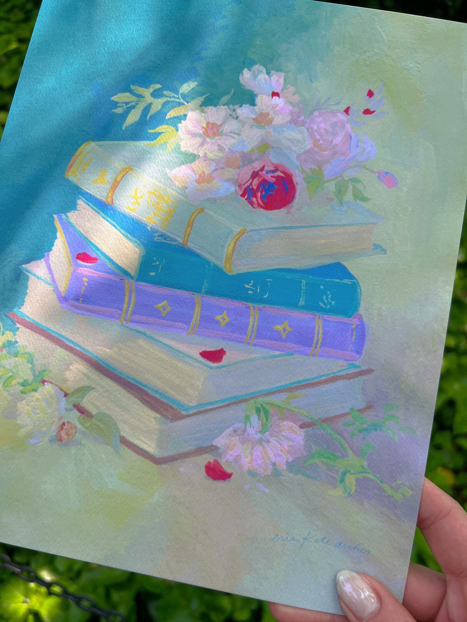 Her Storybooks - Romantic Stack of Books Art Print | Art for Bookworms ...