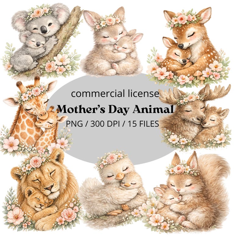 Watercolor Mother Baby Animal Clipart, Nursery Art, Baby Shower ...