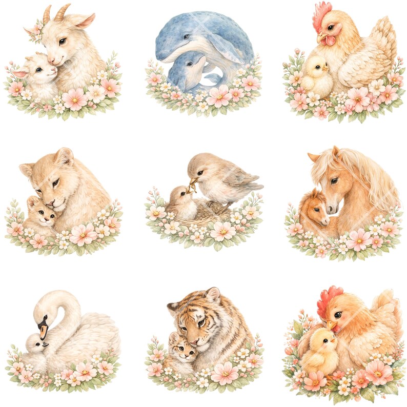 Watercolor Mother Animal Clipart, Mom Baby PNG Graphics, Floral Nursery ...