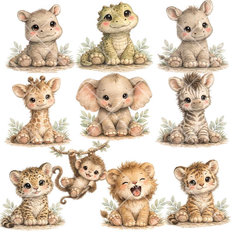 Watercolor Safari Clipart Bundle, Animals PNG Graphics (digital ...
